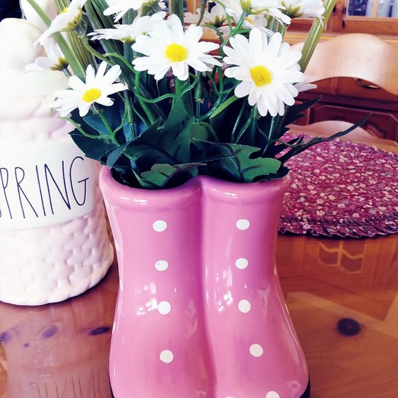 Source Unknown | Other | Ceramic Boot Vase With Daisies Pink Boots With ...